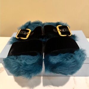 Prada | Shoes | Prada Furry Black And Teal Buckle Slides | Poshmark